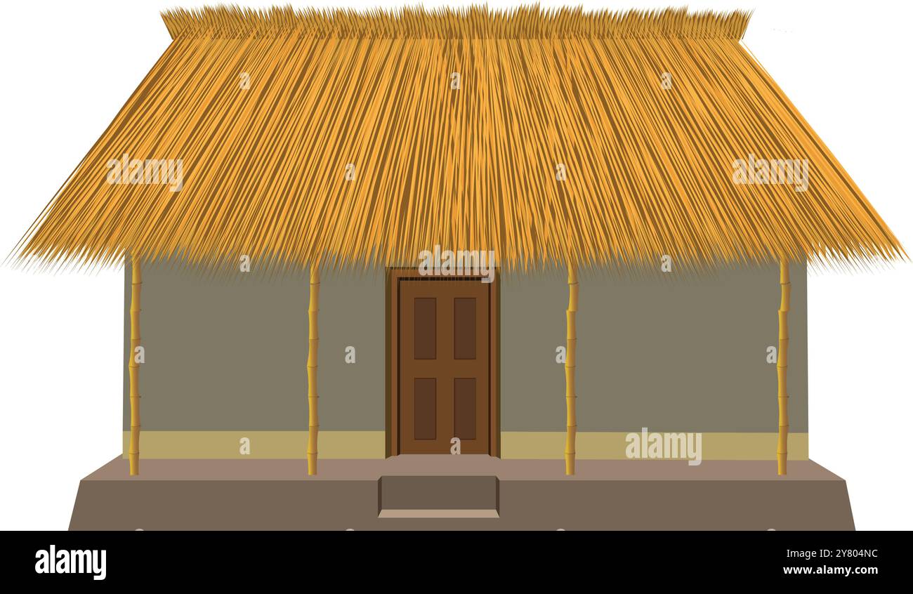 Indian hut with straw roof and clay wall house in cartoon style ...