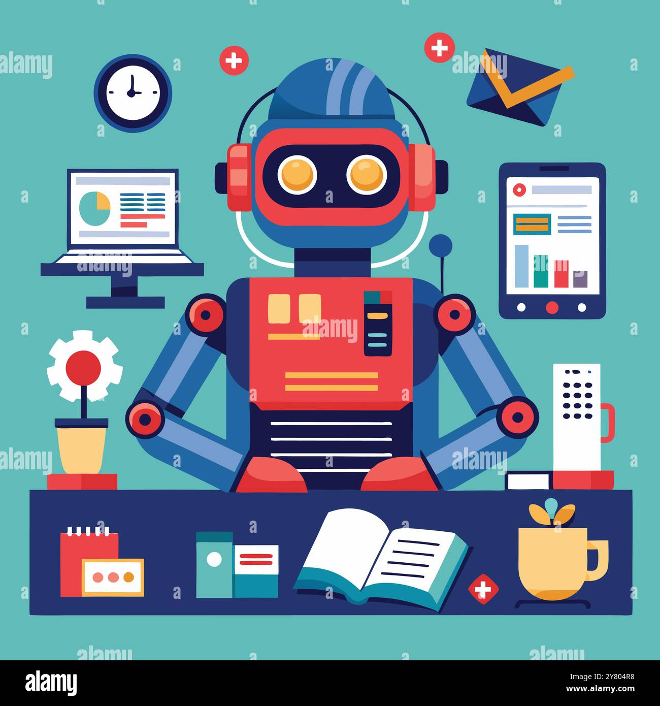 A friendly robot with a headset sits at a desk in an office environment ...