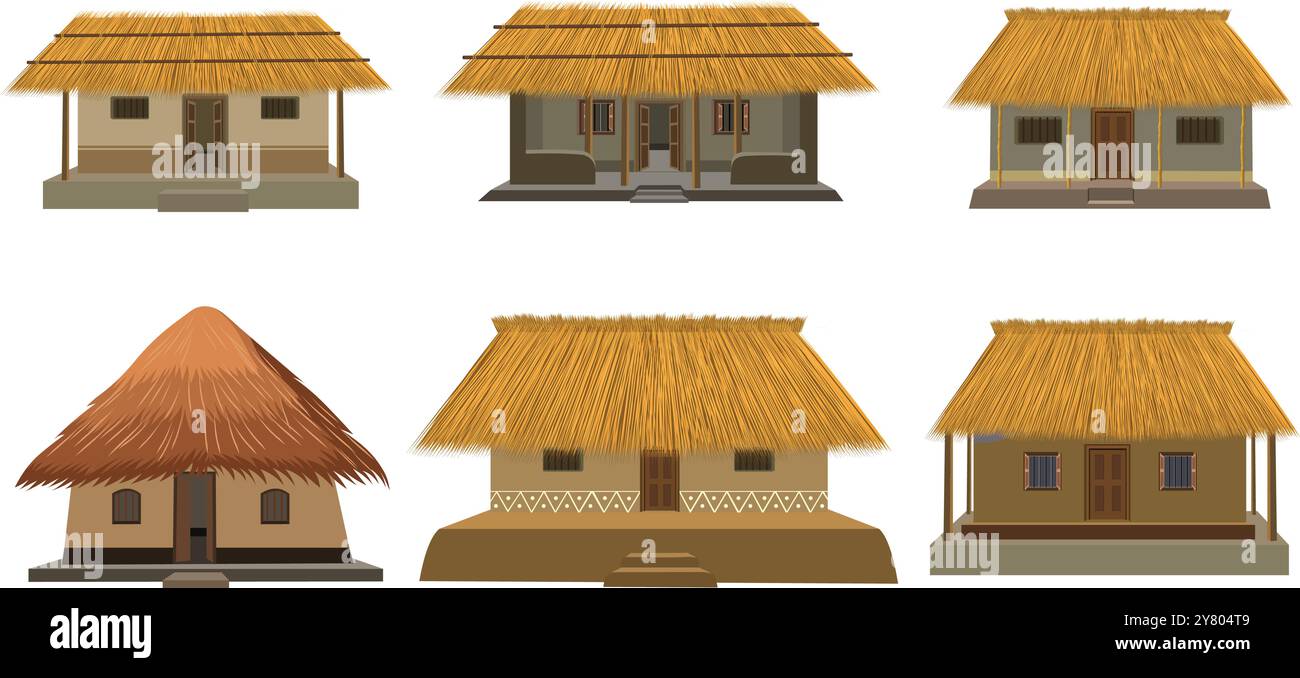 set of straw roof hut vector design. Collection of mud cottage house ...