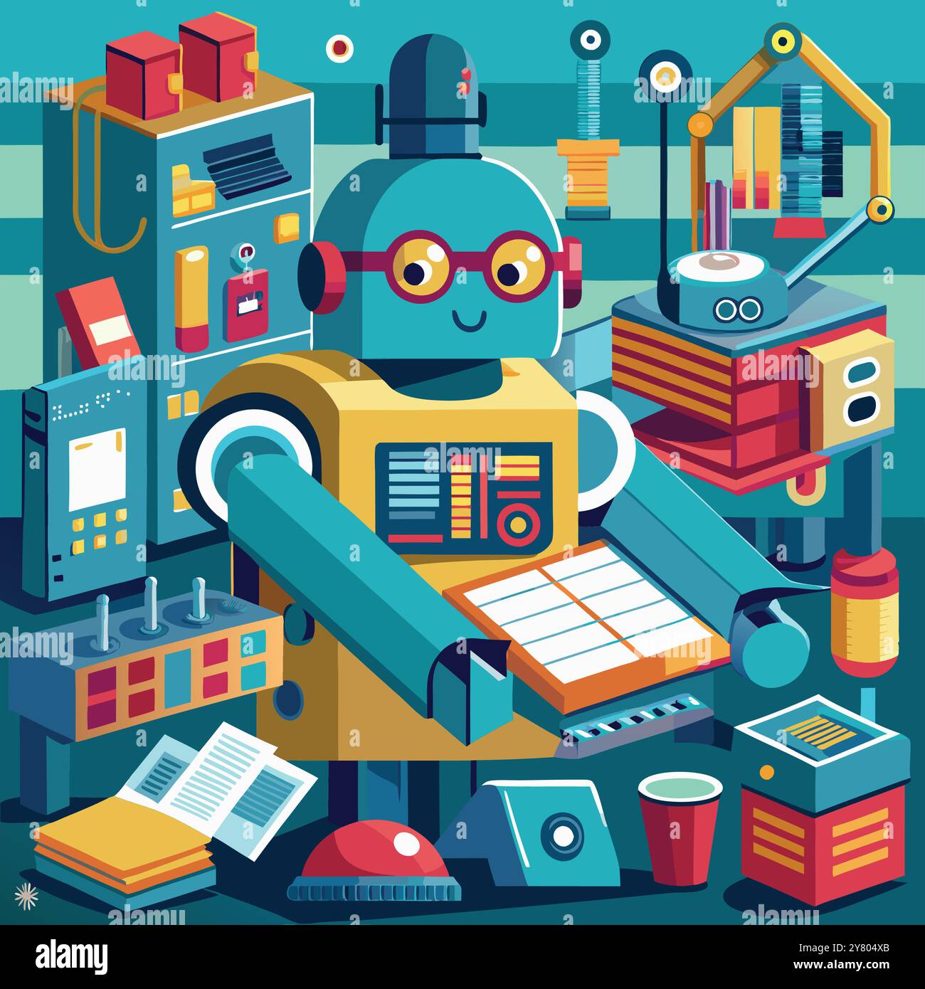 A friendly cartoon robot with googly eyes works in a futuristic factory ...