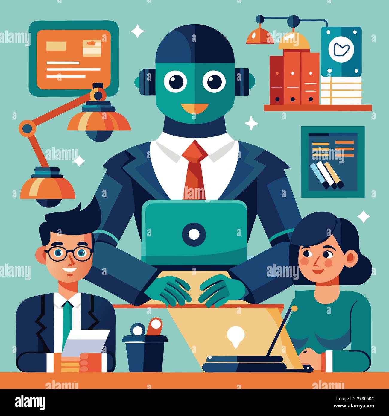 A friendly AI robot in a suit works alongside humans in an office ...