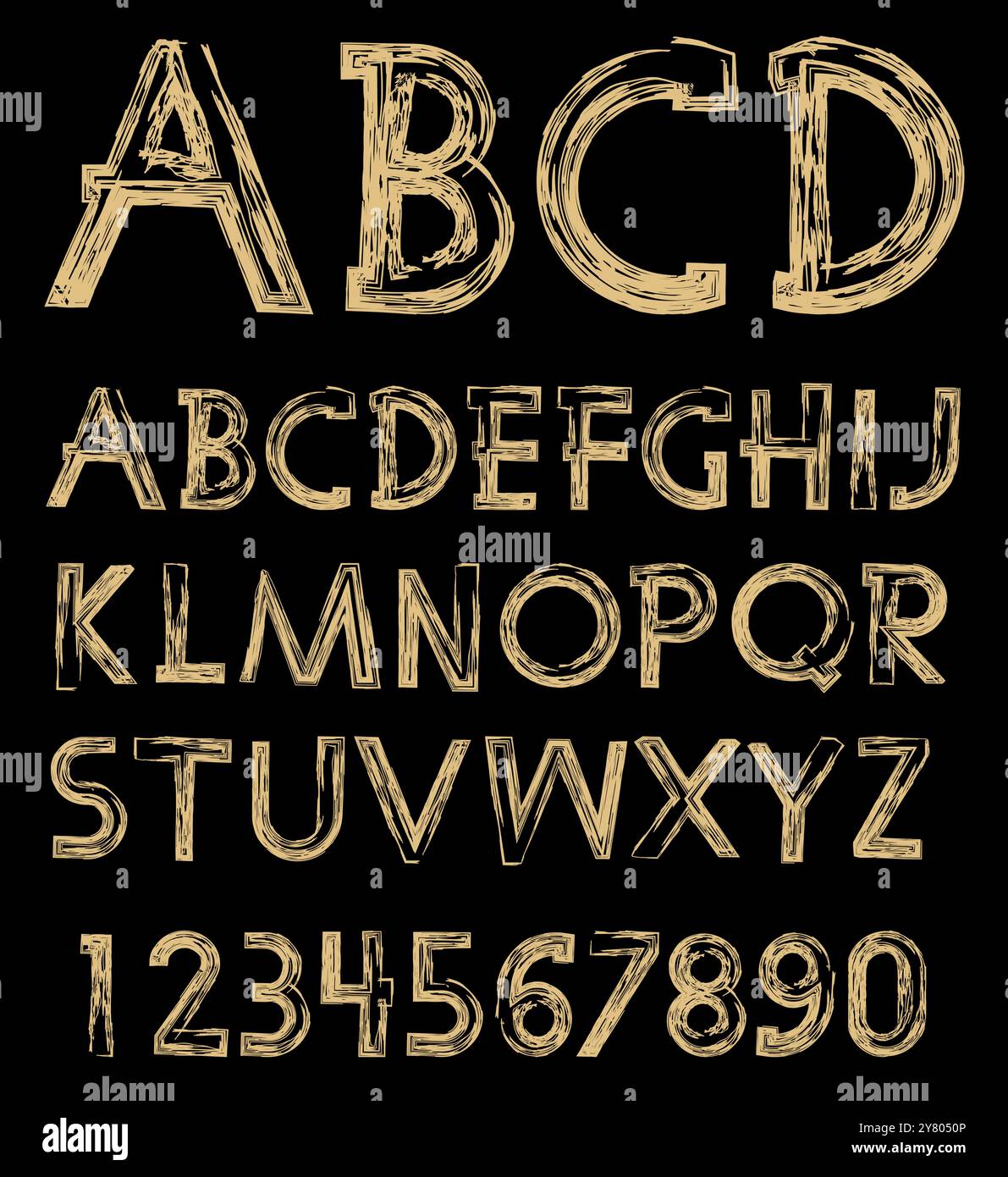 Handwritten calligraphic. Graphic vector alphabet. The gold letters and ...
