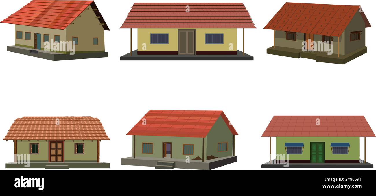 A collection of village houses with red tile roof. mud wall hut set ...
