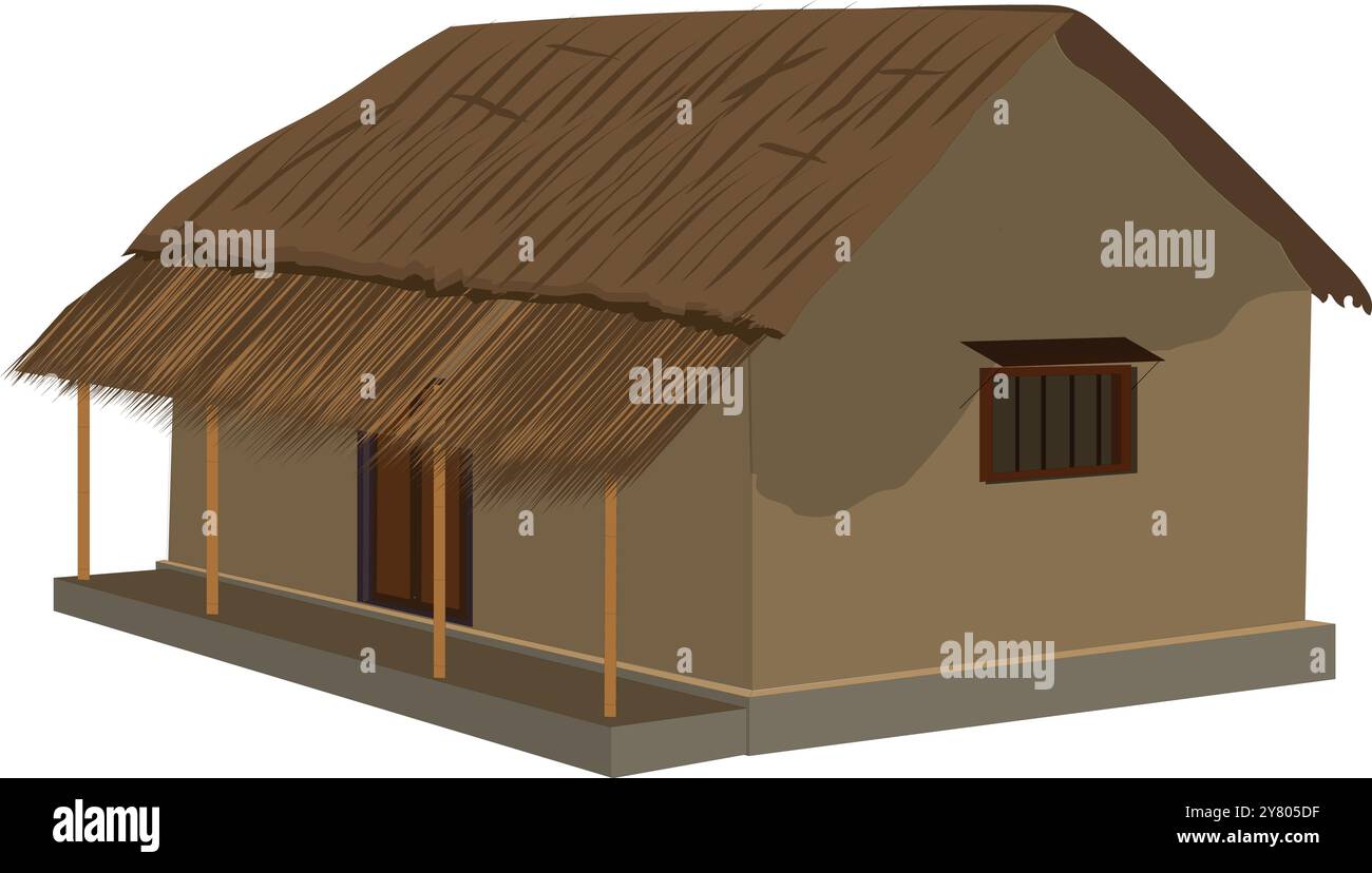 Indian hut or small village house with thatched roof, flat cartoon ...