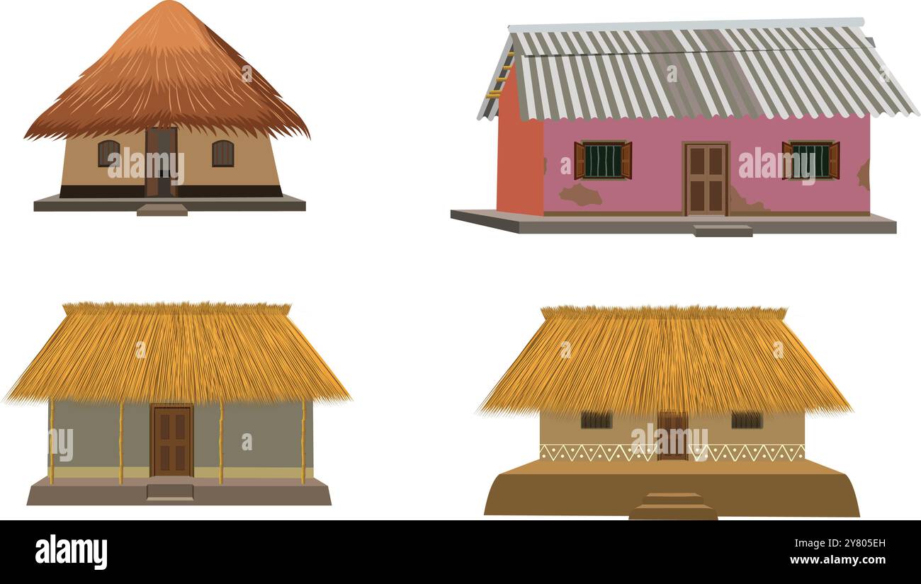 house icons set , rural and simple hut front icon collection isolated ...