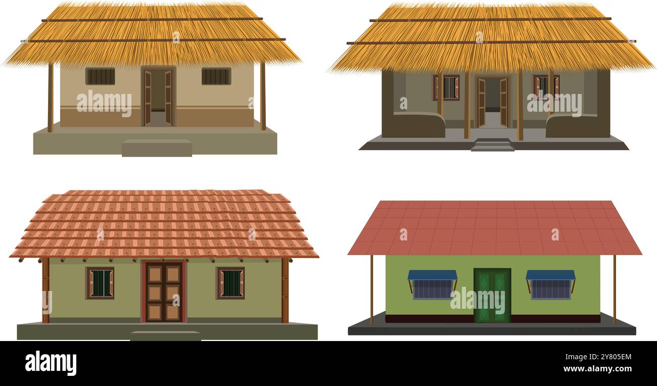 Vector house collection - Set of village hut designs in front view ...