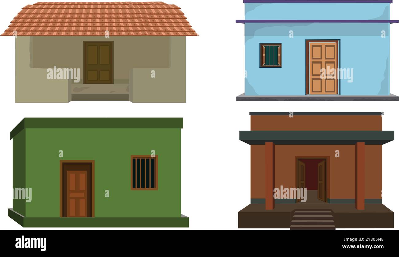 Indian village house set . Collection of asian rural hut.cottage icon ...