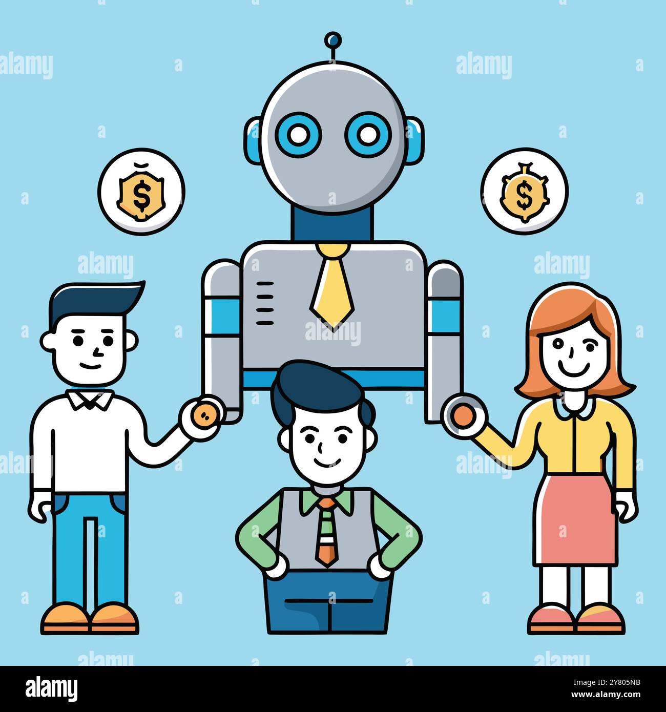 A friendly robot in a tie oversees three happy people holding dollar ...