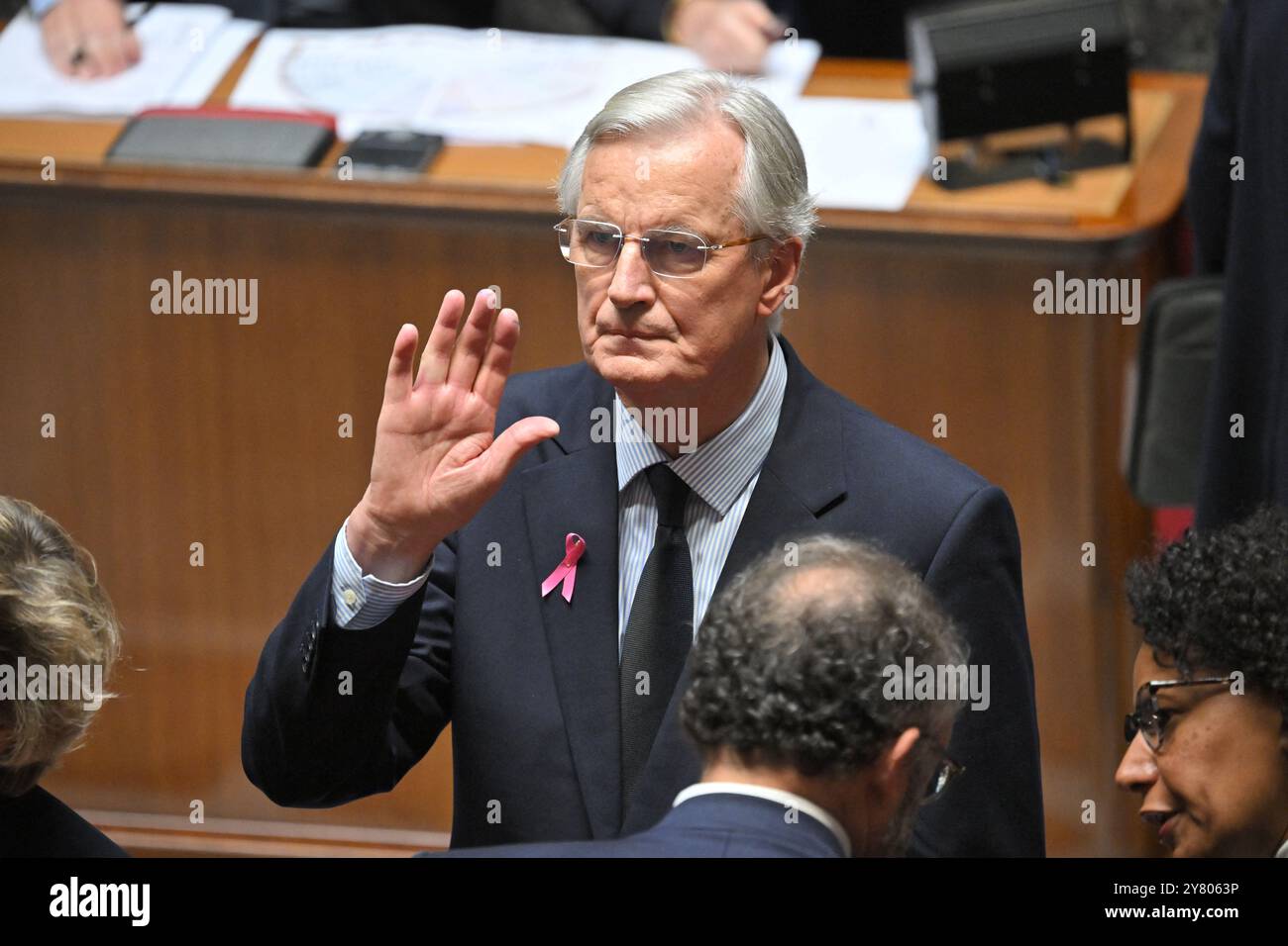 French Prime Minister Michel Barnier gestures before his general policy ...