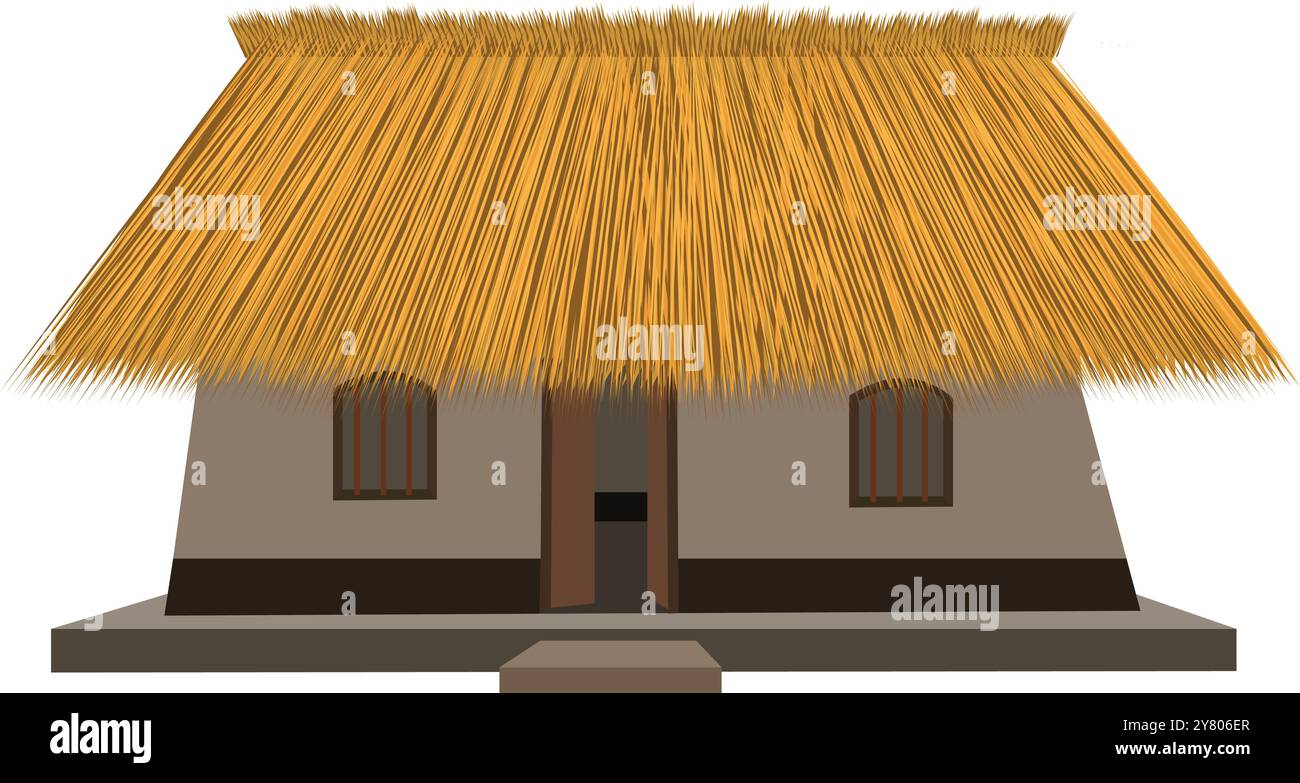 Small village hut with thatched roof, vector flat illustration isolated ...