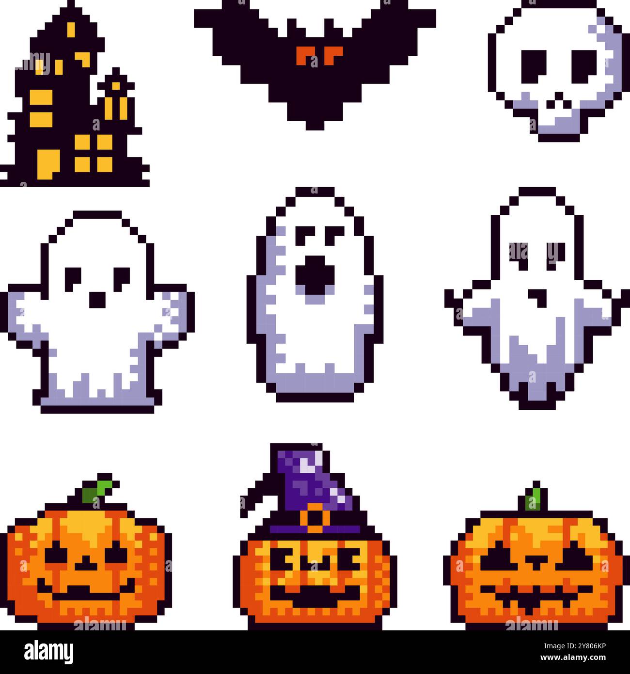 Collection pixel art style icons for Halloween. Three pumpkins, three ...
