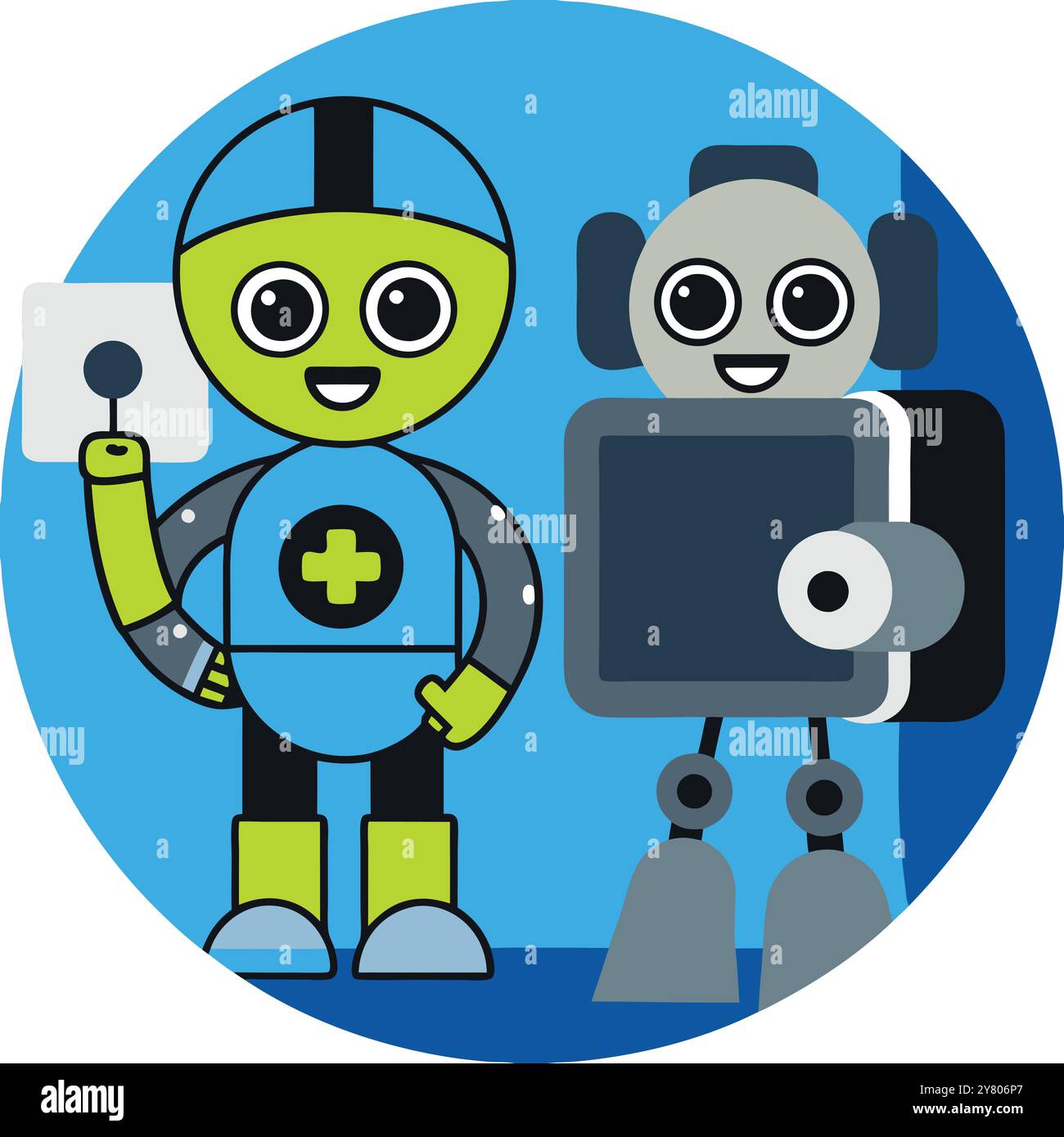 Two friendly robots. one with a medical symbol and the other with a camera like sensor. stand ...