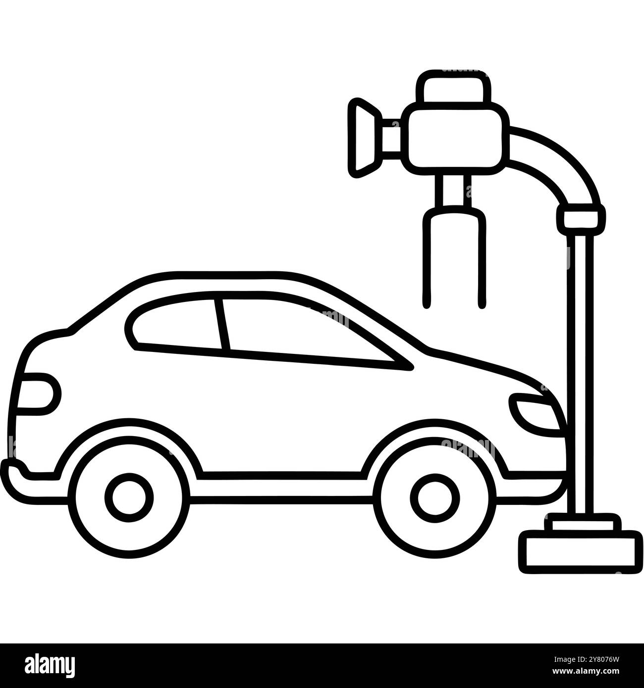 A simple line drawing of a car with a robotic arm positioned above it ...