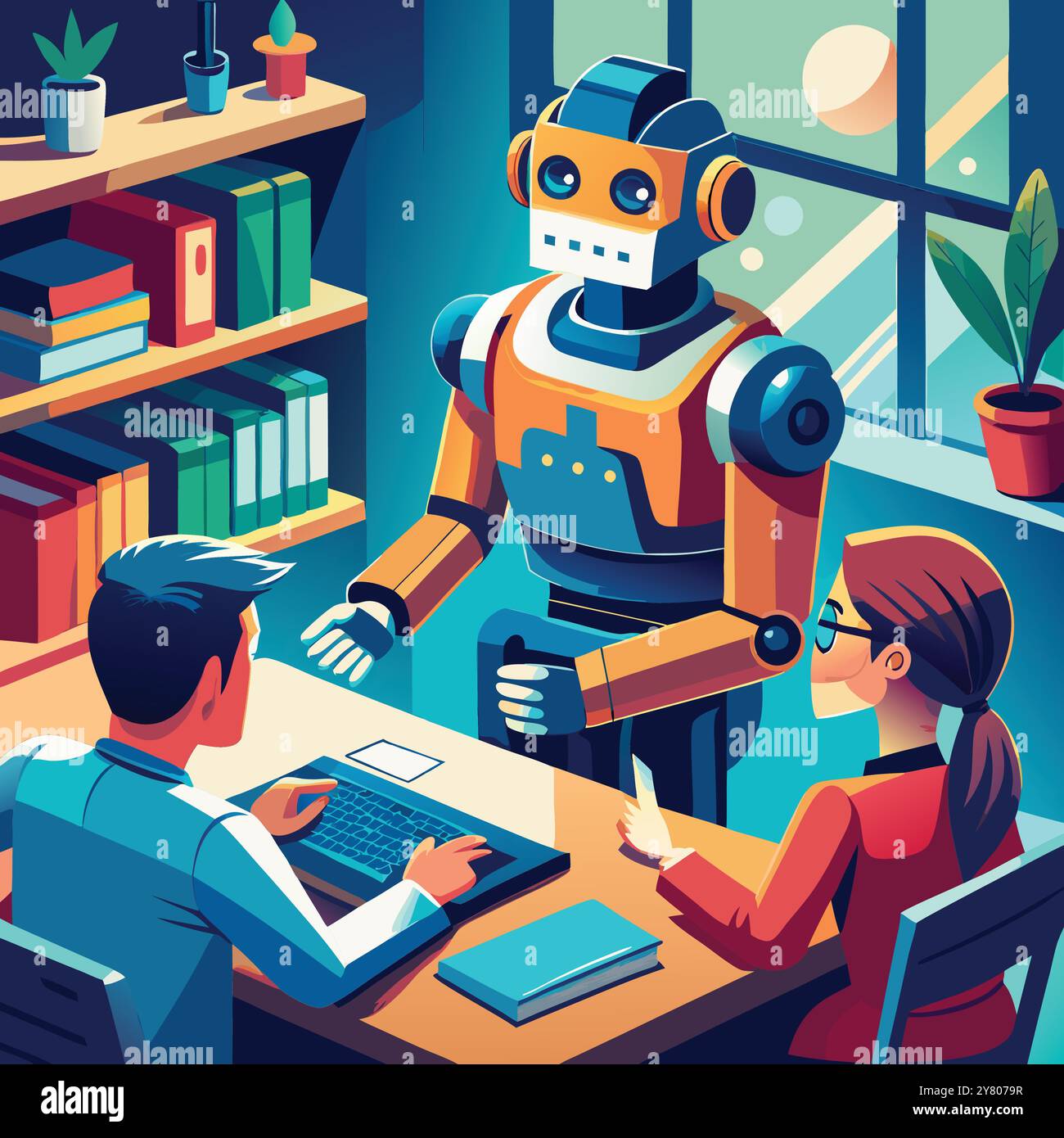 A friendly robot interacts with two humans in an office setting ...