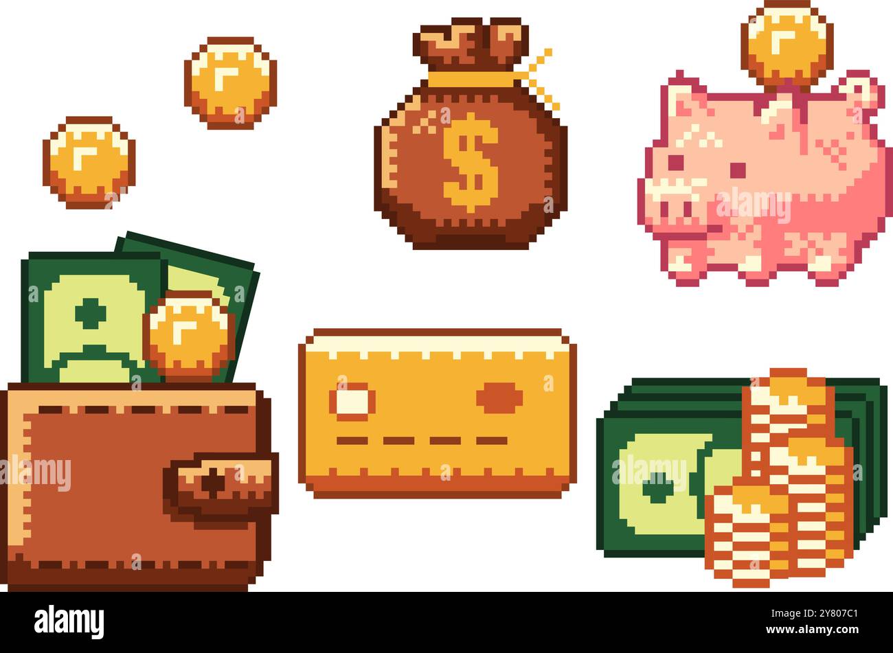 Pixel art cash money icons set for business and finance. Retro game ...