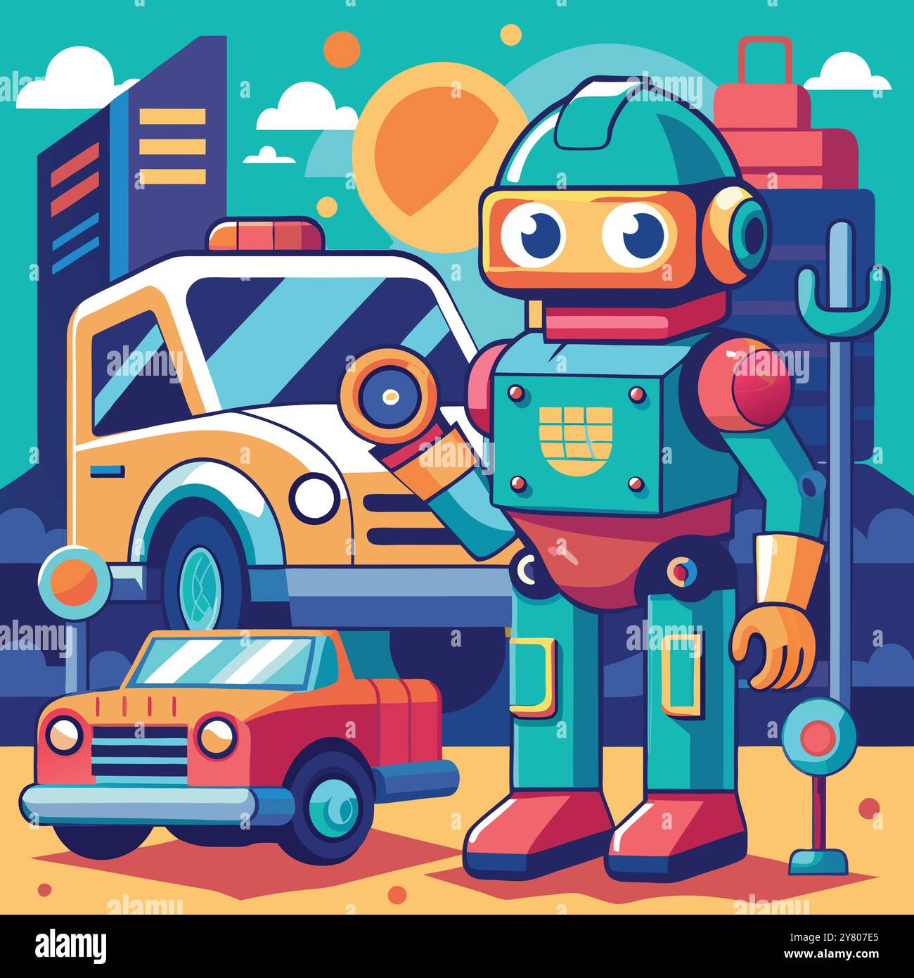 A friendly robot stands between two cartoon cars. holding a spinning ...