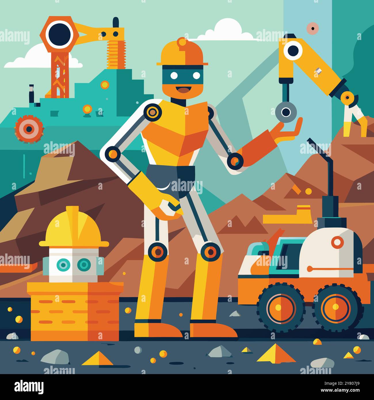 A friendly robot wearing a hard hat stands in a construction zone with ...