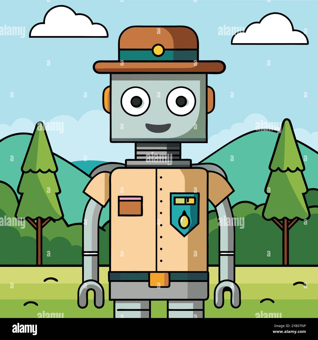 Friendly AI robot wearing a ranger hat and uniform. standing in a ...