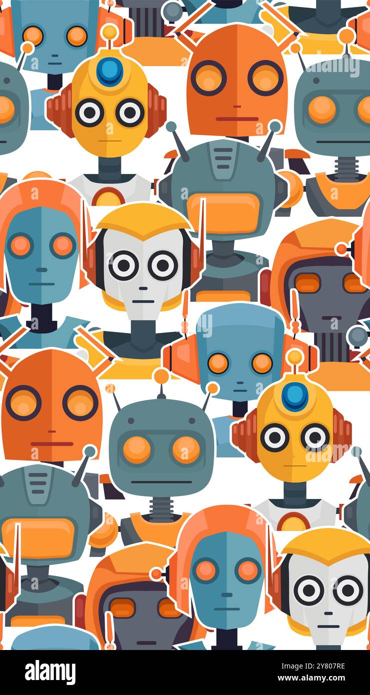 Vector childish pattern with crowd of cartoon robots. Dense flat ...