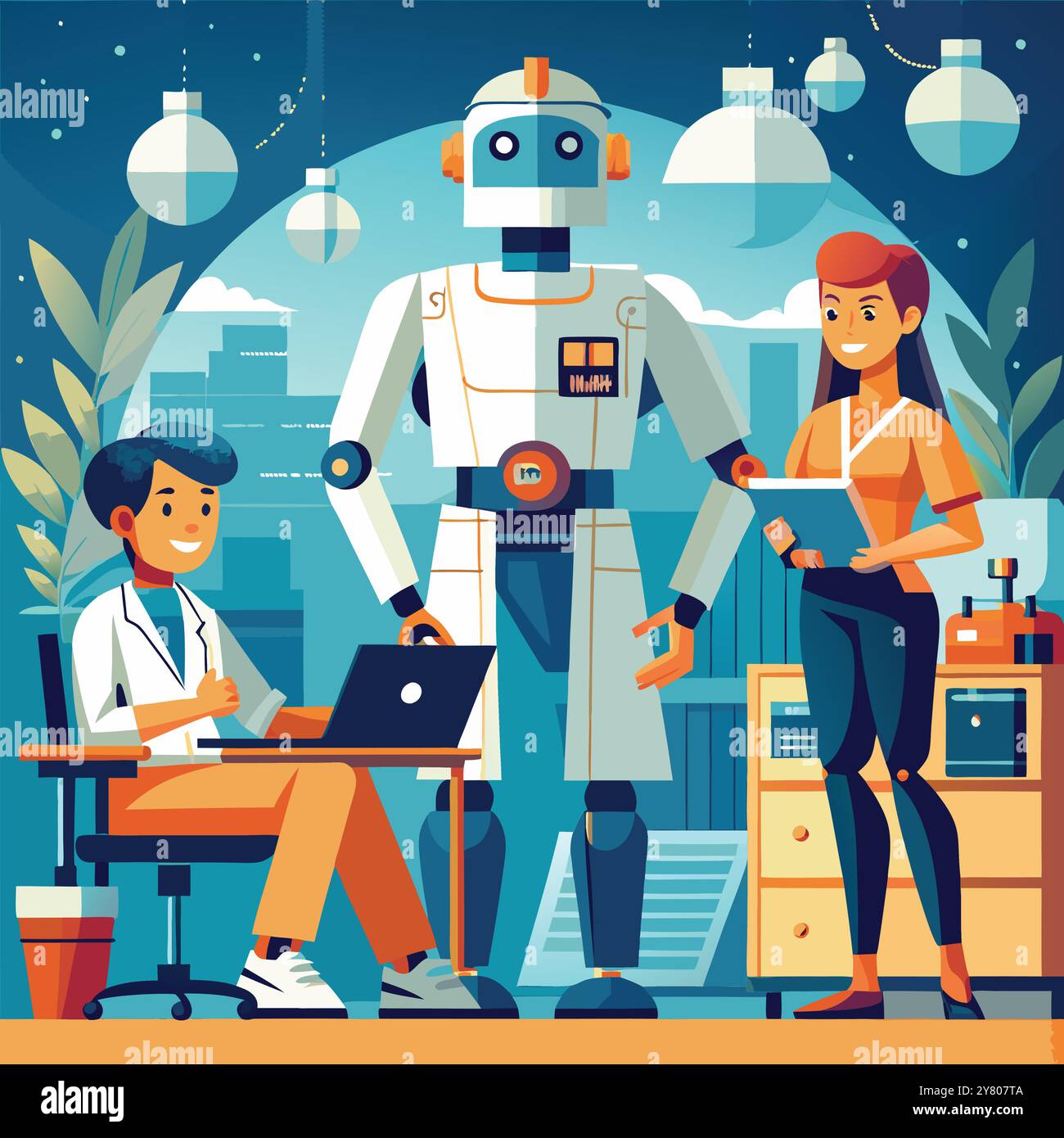 A friendly robot and two colleagues work together in a modern office ...