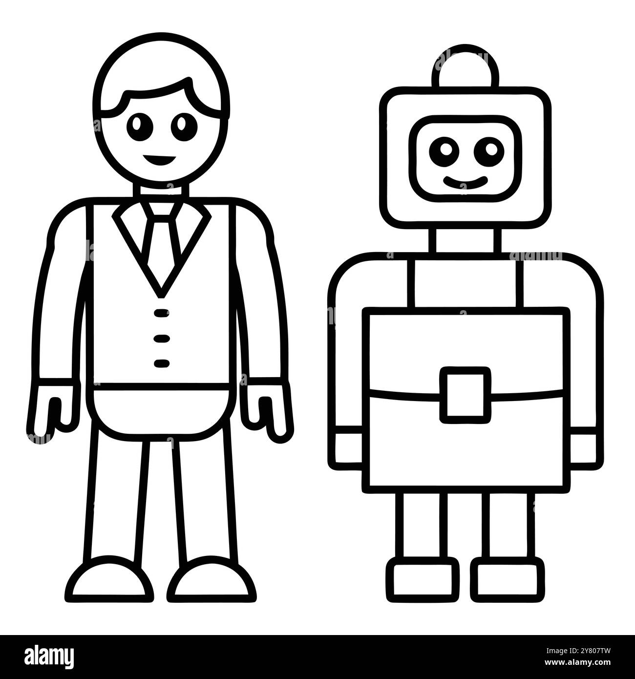 A simple line art illustration of a businessman and a robot standing ...