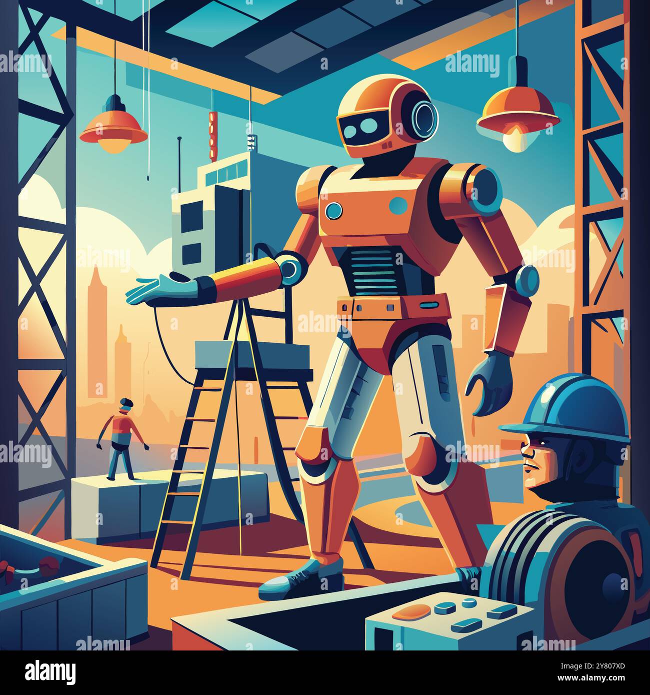 A friendly. orange colored robot stands tall in a futuristic ... A friendly. orange colored robot stands tall in a futuristic ...