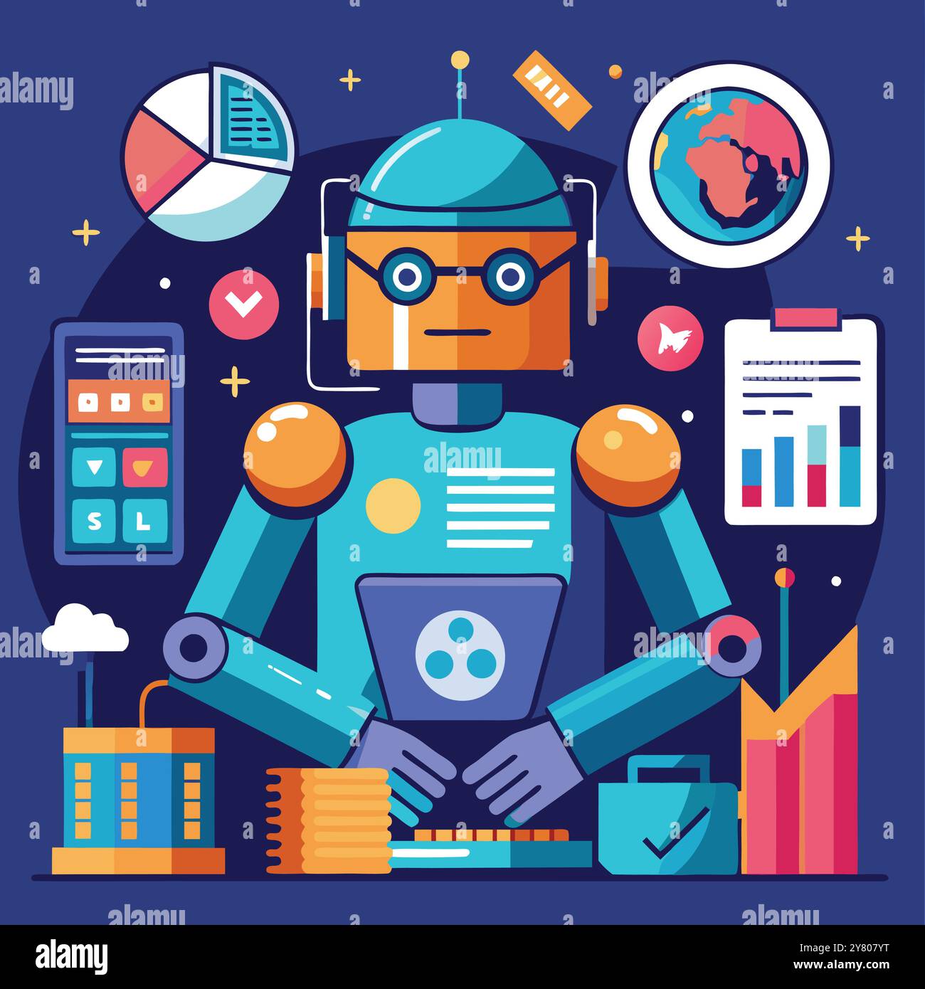 A friendly. cartoon AI robot working on a laptop. surrounded by data and analytics icons ...