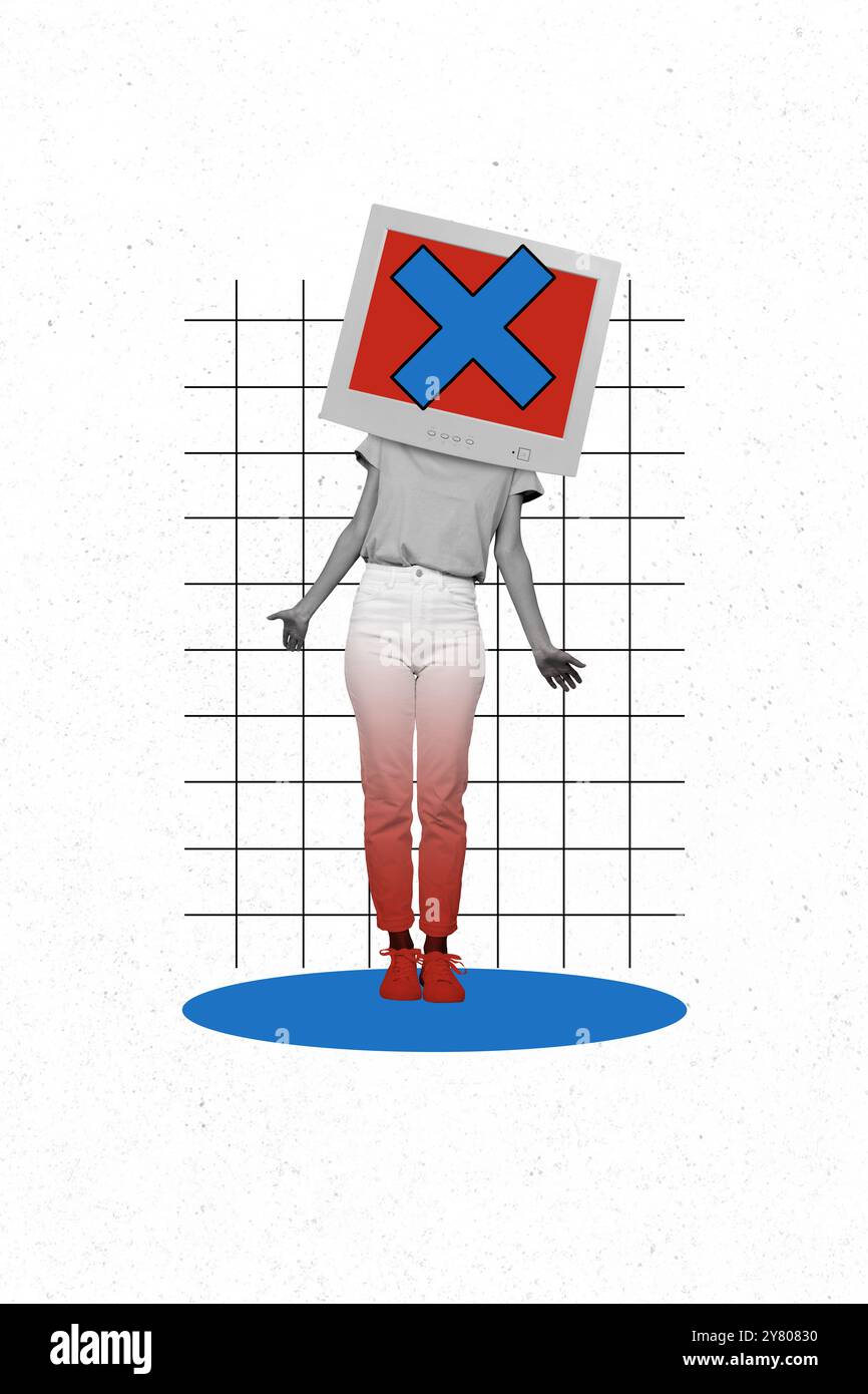 Vertical photo collage of anonym girl instead head pc monitor screen cross it mistake error ...