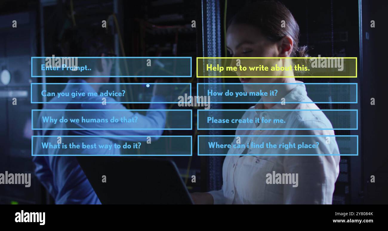 Image of ai interface question menu over diverse male and female ...