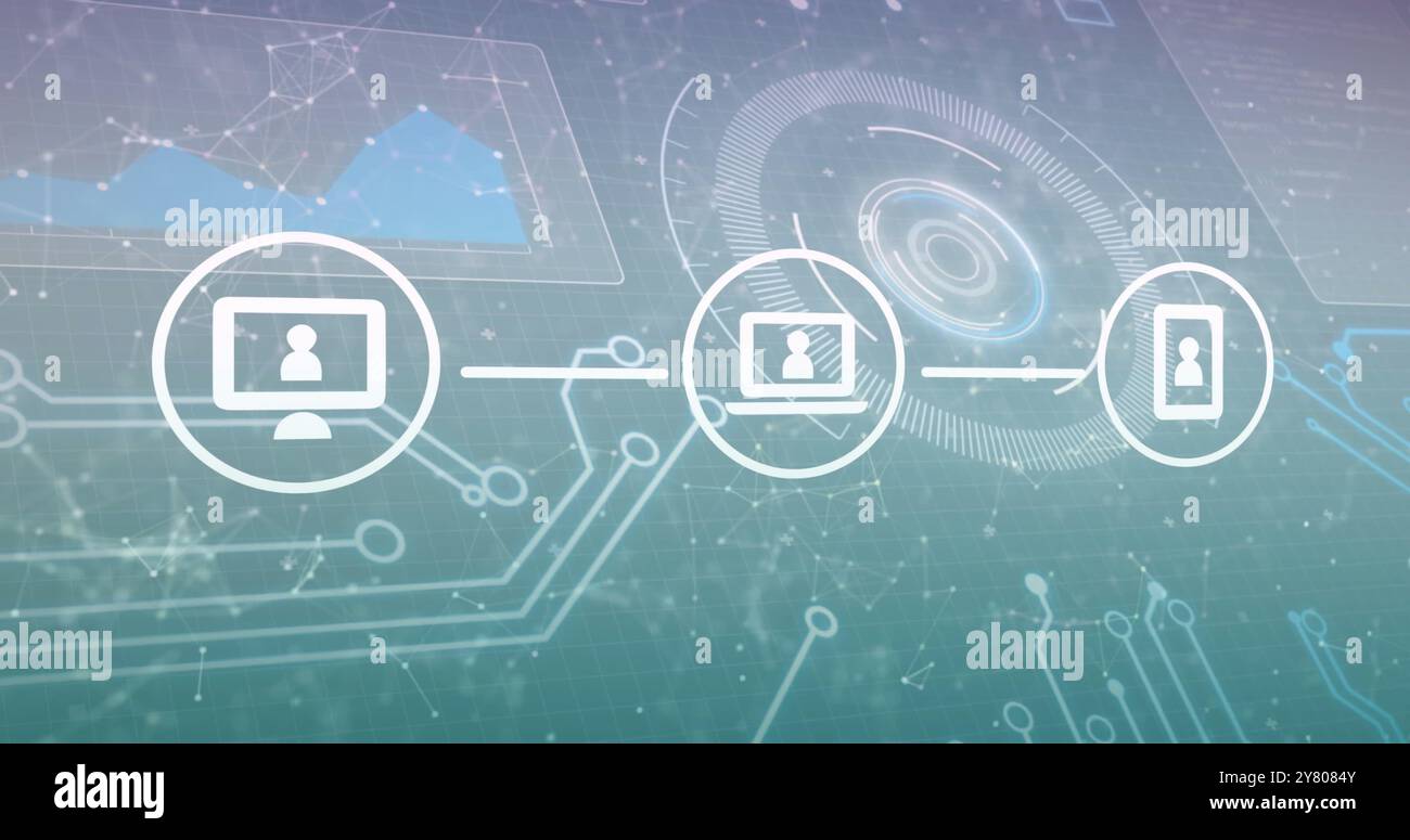 Image of media icons over diagrams scope scanning Stock Photo - Alamy