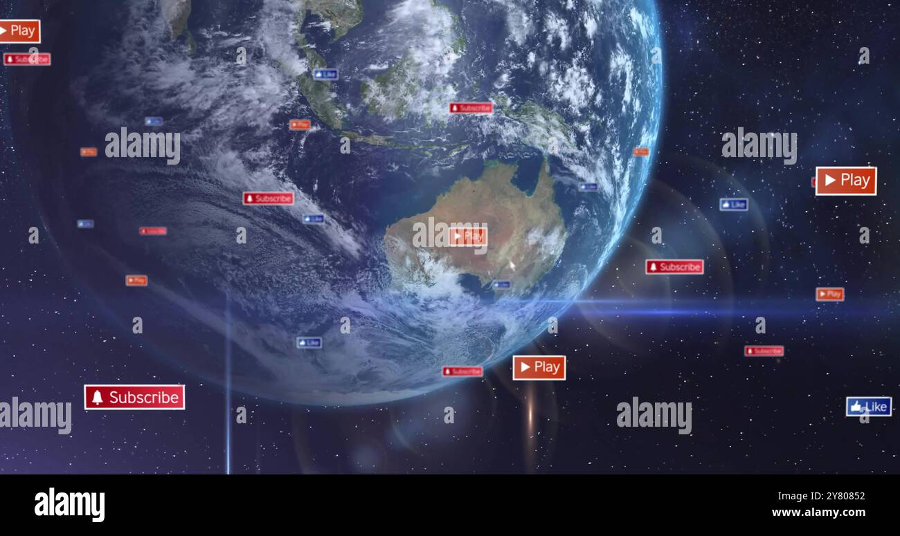 Image of social media notifications processing over globe in space ... Image of social media notifications processing over globe in space ...