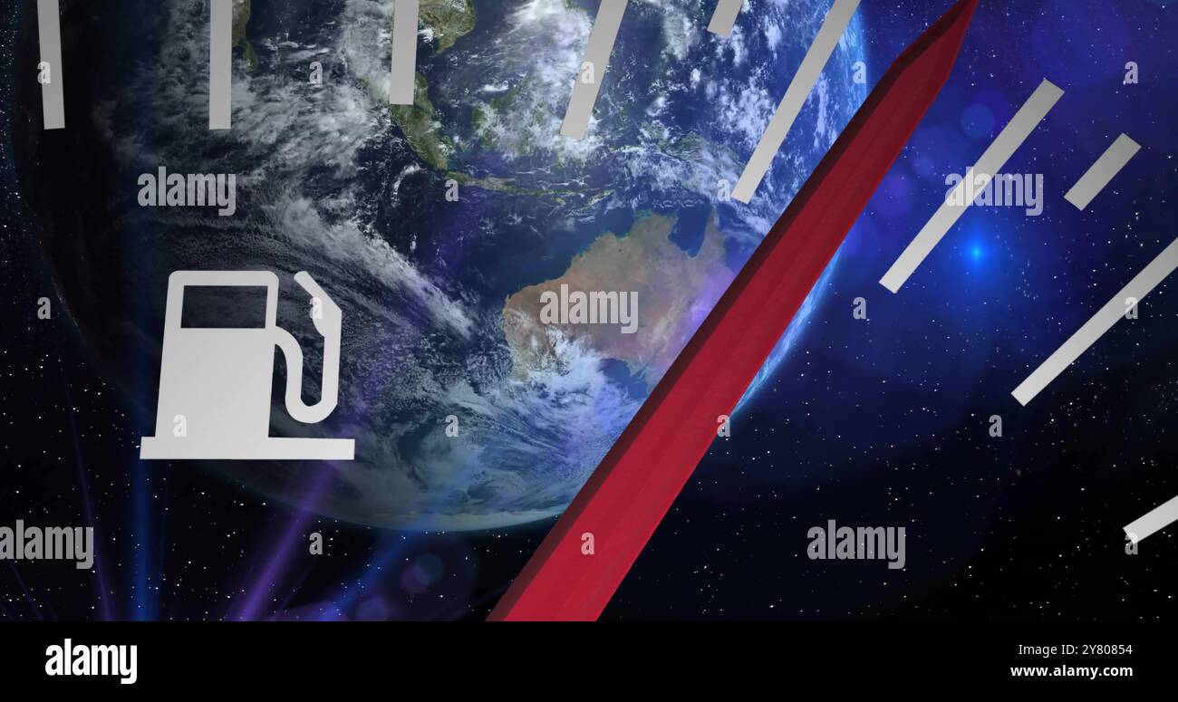 Image of petrol tank icon and fuel tank gauge filling over globe on ...