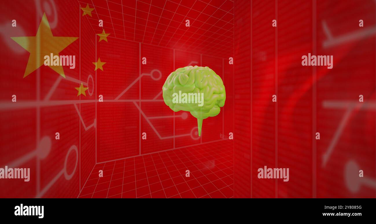 Image of motherboard networks and rotating brain over flag of china ...