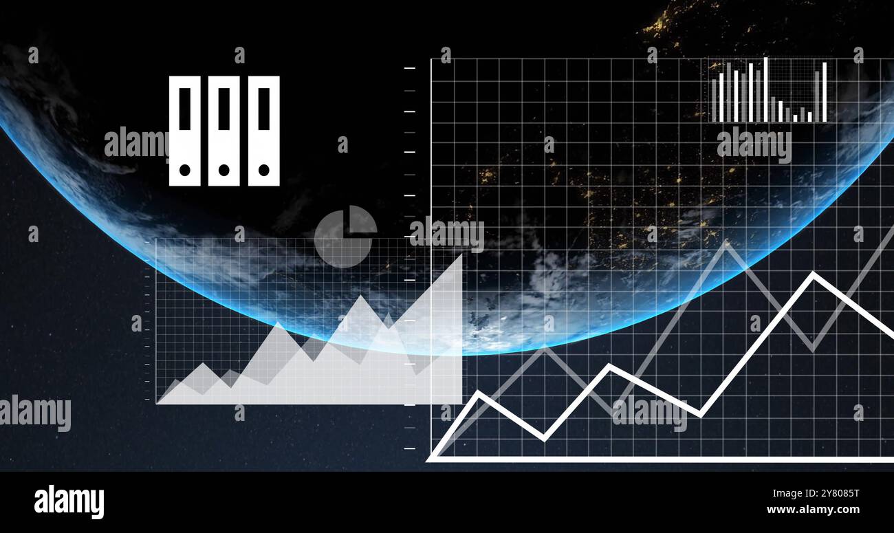 Image of media icons and charts processing data over globe in space ...
