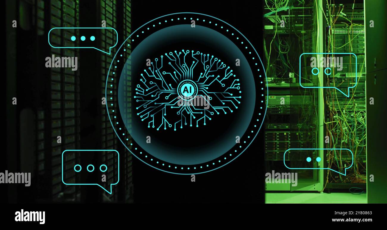 Image of ai chat dialogue and scanner with ai brain network over servers Stock Photo - Alamy