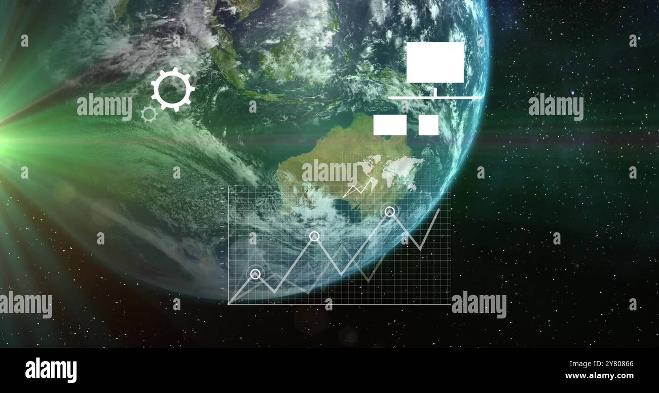 Image of digital media icons and charts processing data over globe on black background Stock ...