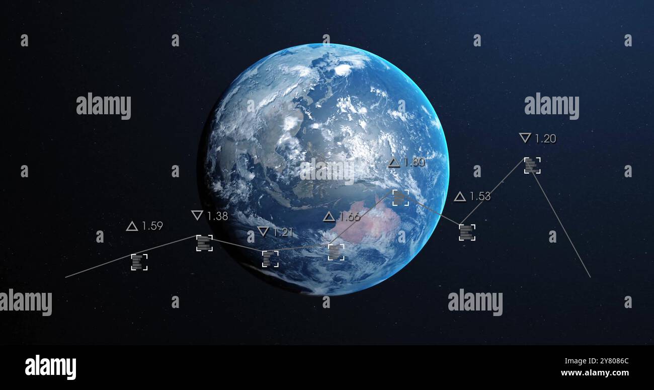 Image of charts processing data over globe on black background Stock ...