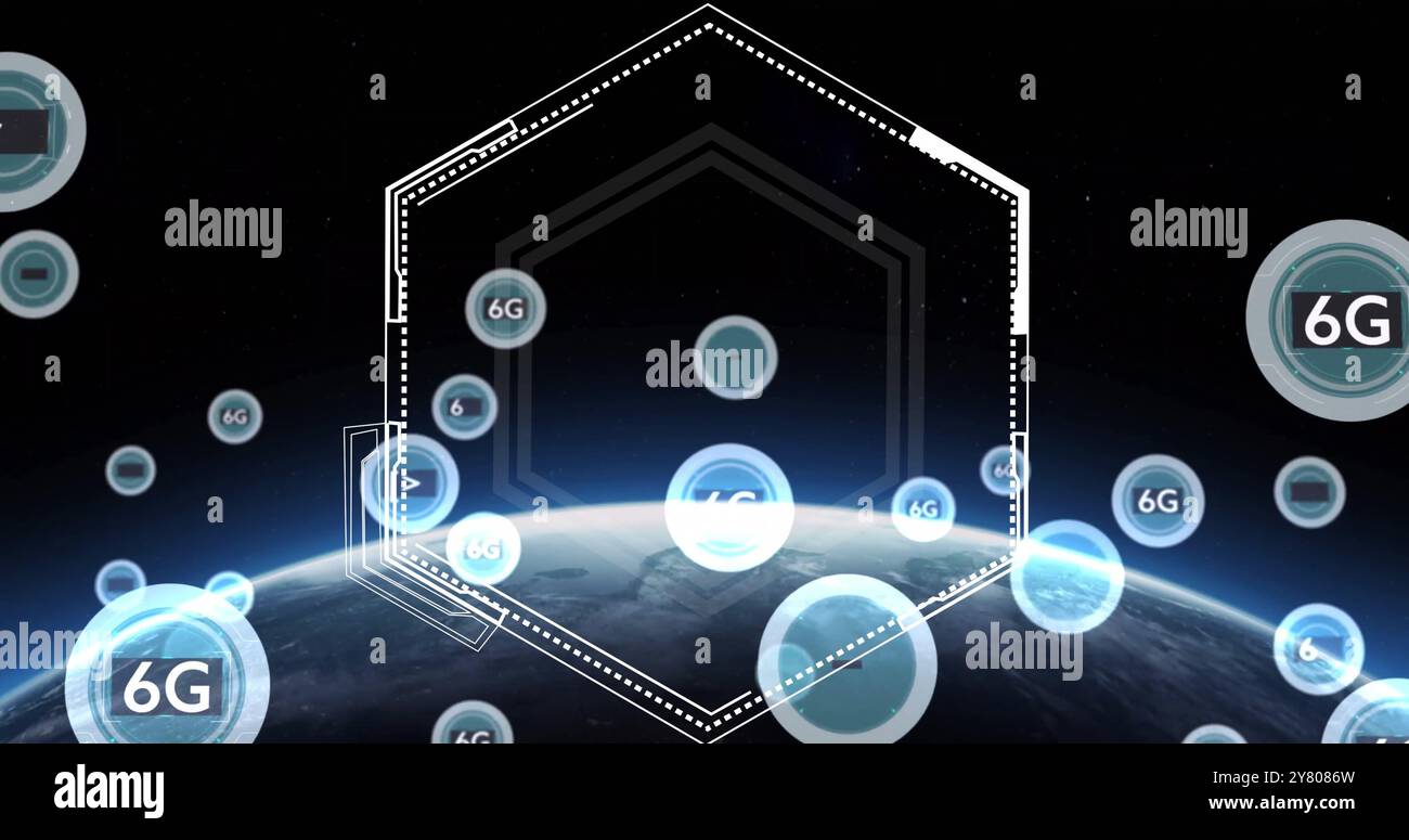 Image of hexagonal scanner frame and 6g icons over globe rotating in space Stock Photo - Alamy
