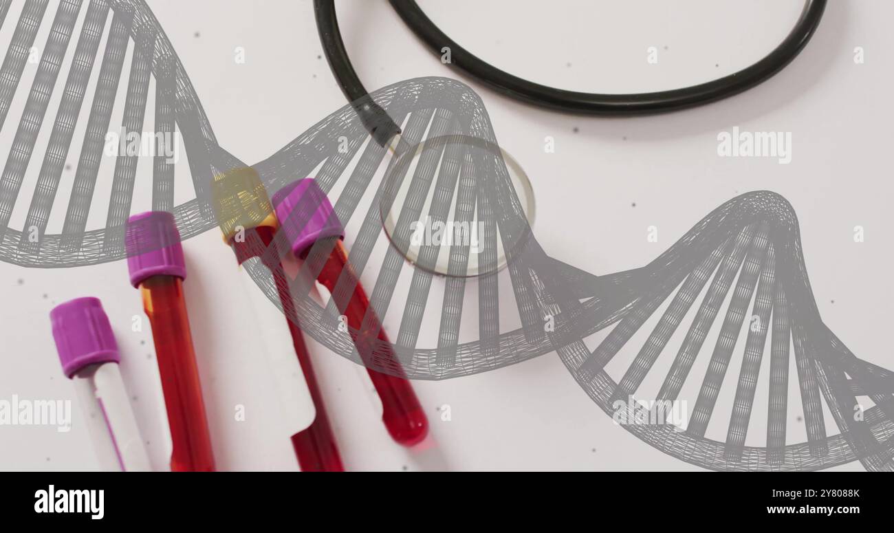 Image of dna strand and test tubes with blood over stethoscope Stock ...