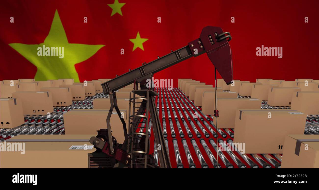 Image of pumping oil derrick and boxes on conveyor belts at warehouse ...