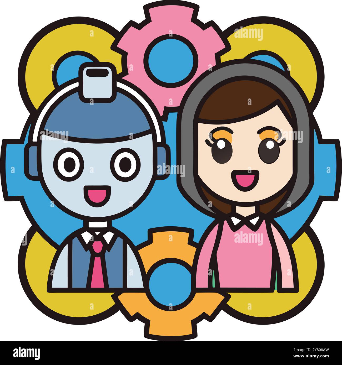 Cute cartoon illustration of a robot and a human working together ...
