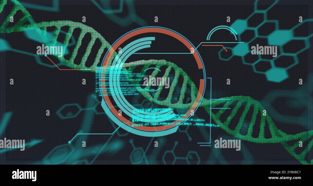 Image of dna strand with chemical formula and data processing on black ...