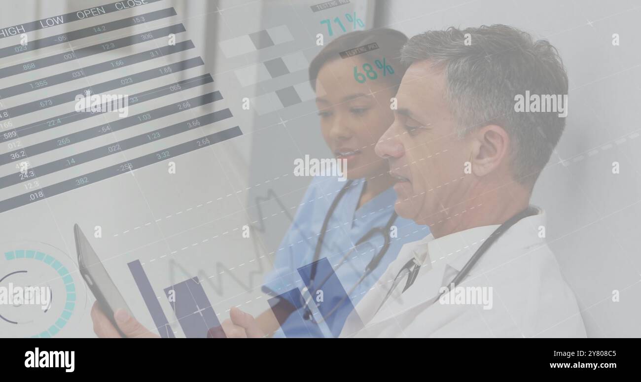 Image of statistics and data processing over diverse doctors Stock ...