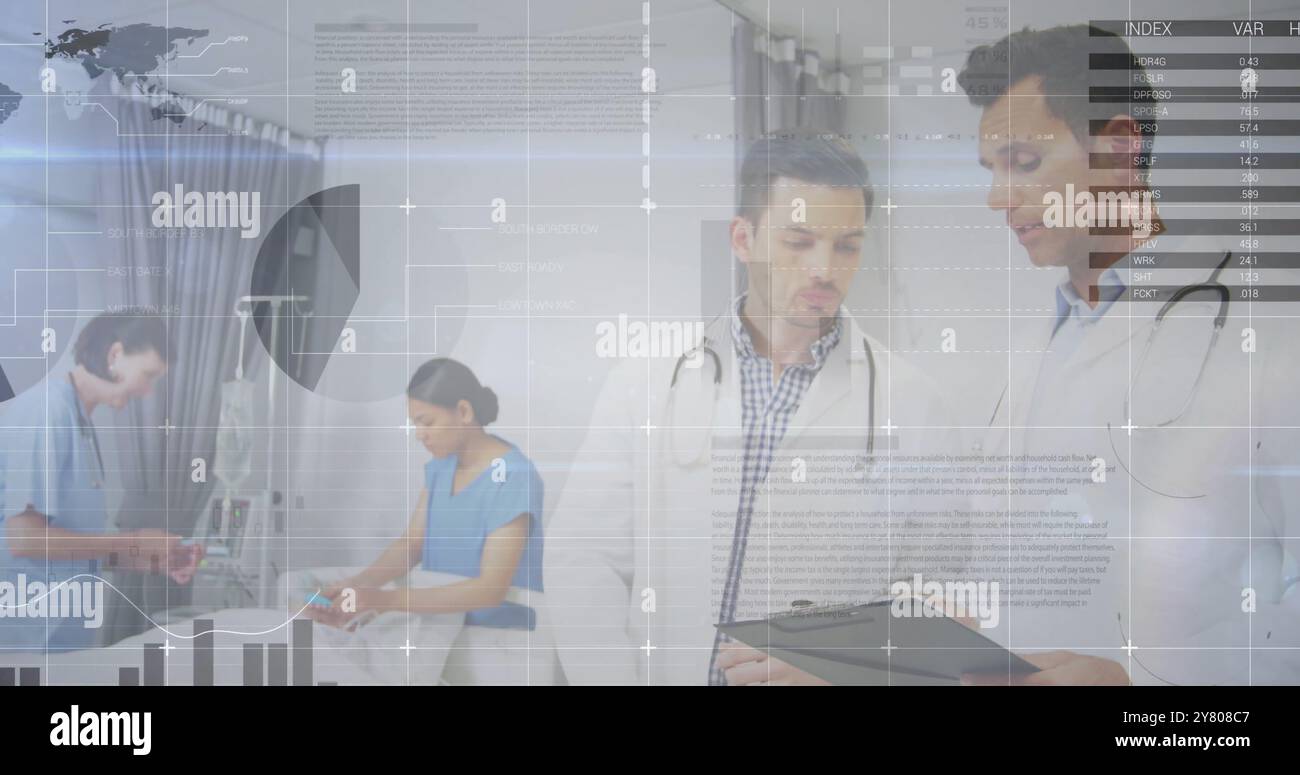 Image of statistics and data processing over diverse doctors Stock ...