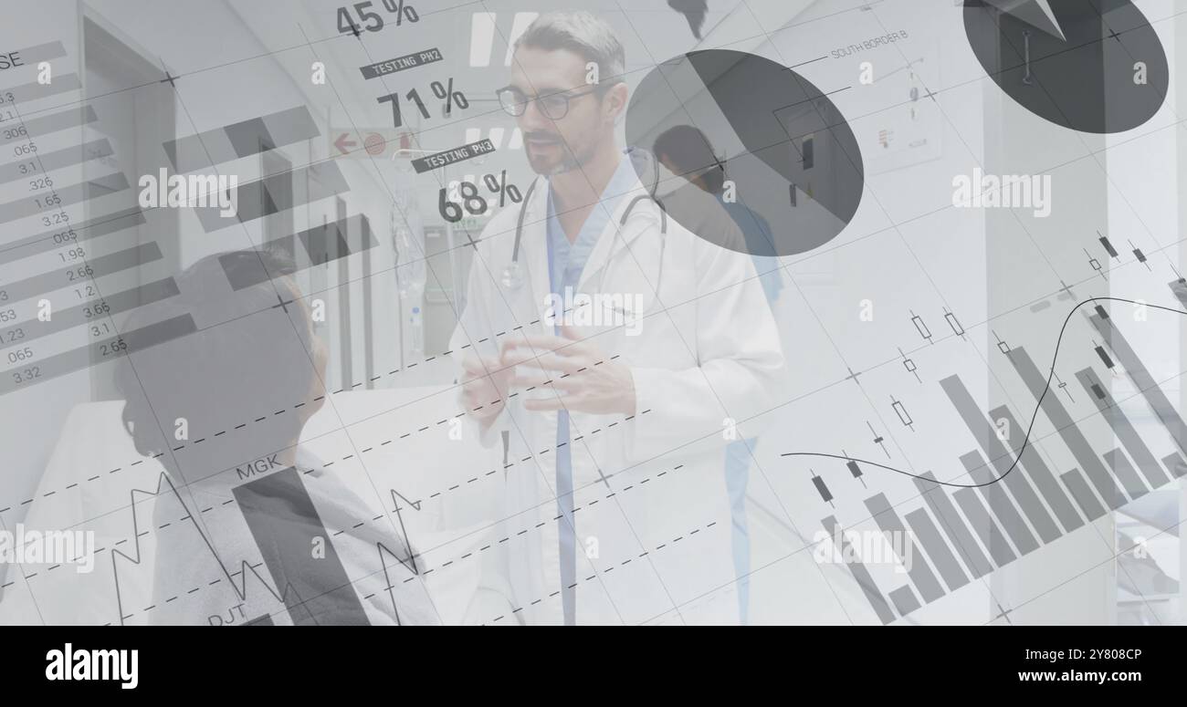 Image of statistics and data processing over diverse male doctor and ...