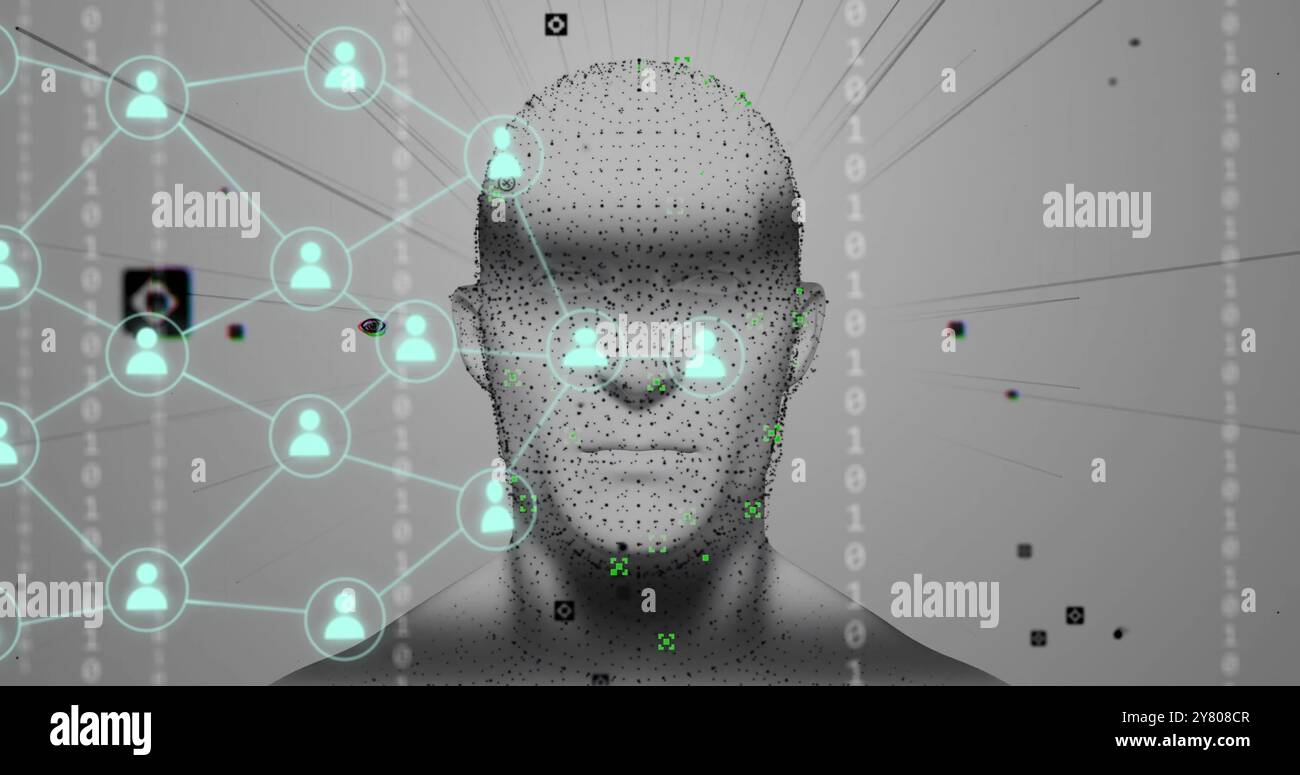 Image of network of connections with icons over binary coding and digital human Stock Photo - Alamy
