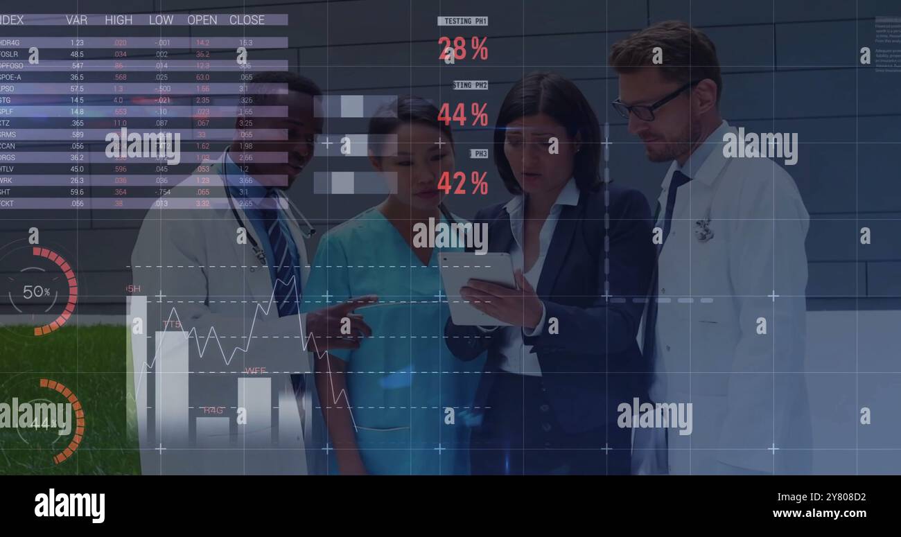 Image of statistics and data processing over diverse doctors Stock ...