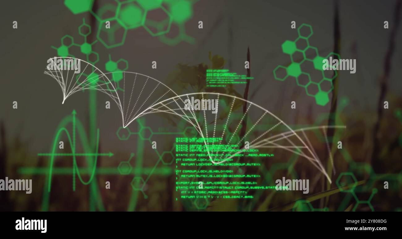 Image of chemical formula with dna strand and data processing over ...
