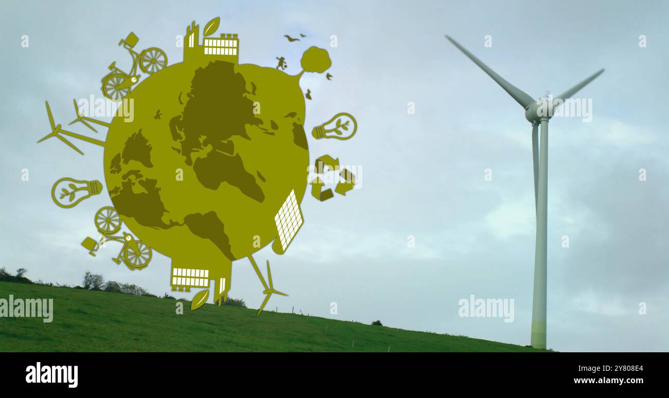 Image of planet earth with energy and ecology symbols over wind turbine ...