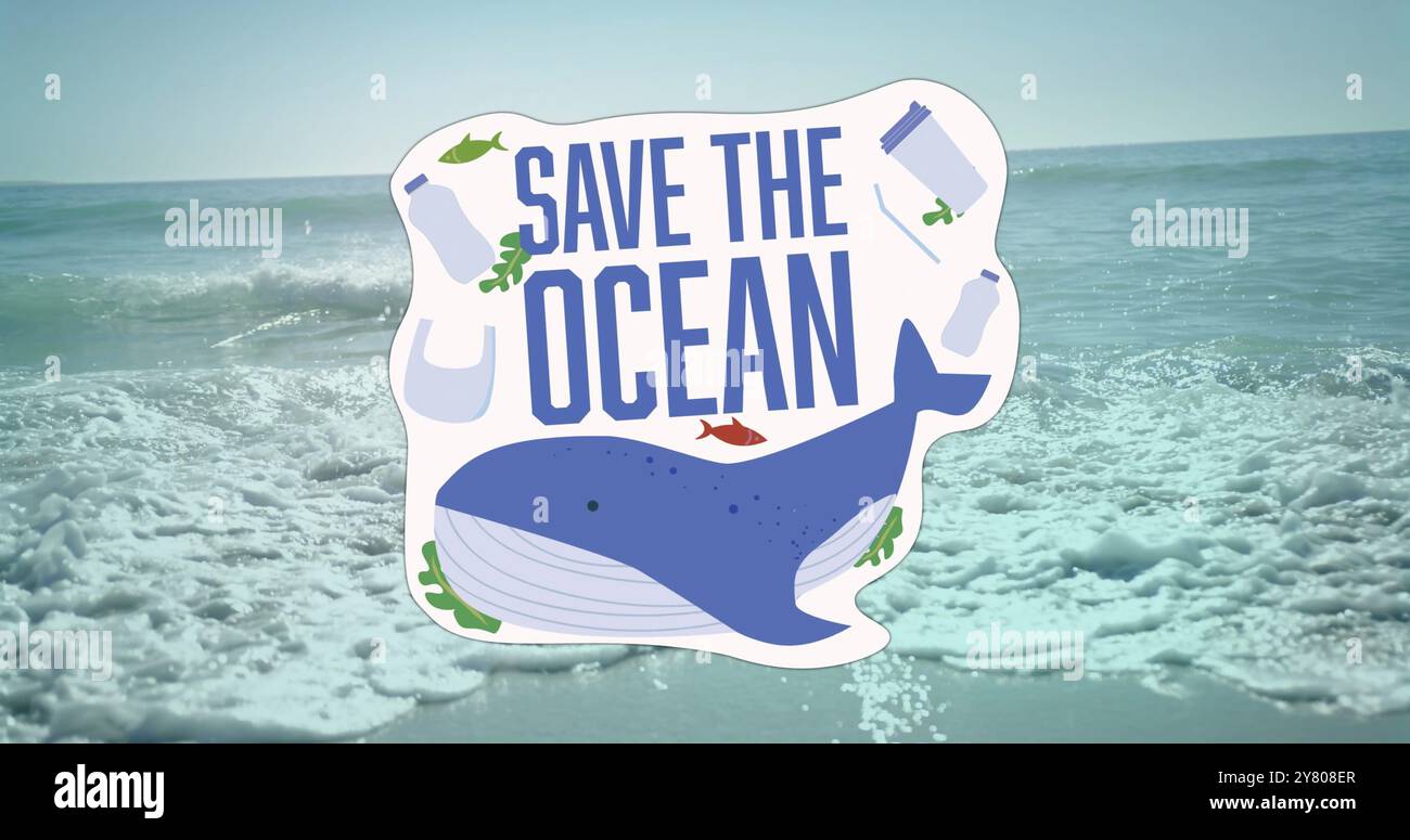 Image of save the ocean text with whale and plastic bottles over sea ...